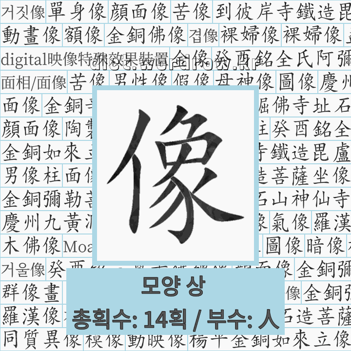 국어사전에서 🌏한자 "像 (모양 상)" 단어 중에서, 한자 '身 (몸 신)' 관련 단어는 5개
