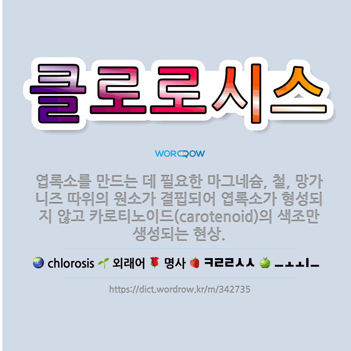 🌟클로로시스 엽록소를 만드는 데 필요한 마그네슘 철 망가니즈 따위의 원소가 결핍되어 엽록소가 형성되지 표준국어대사전