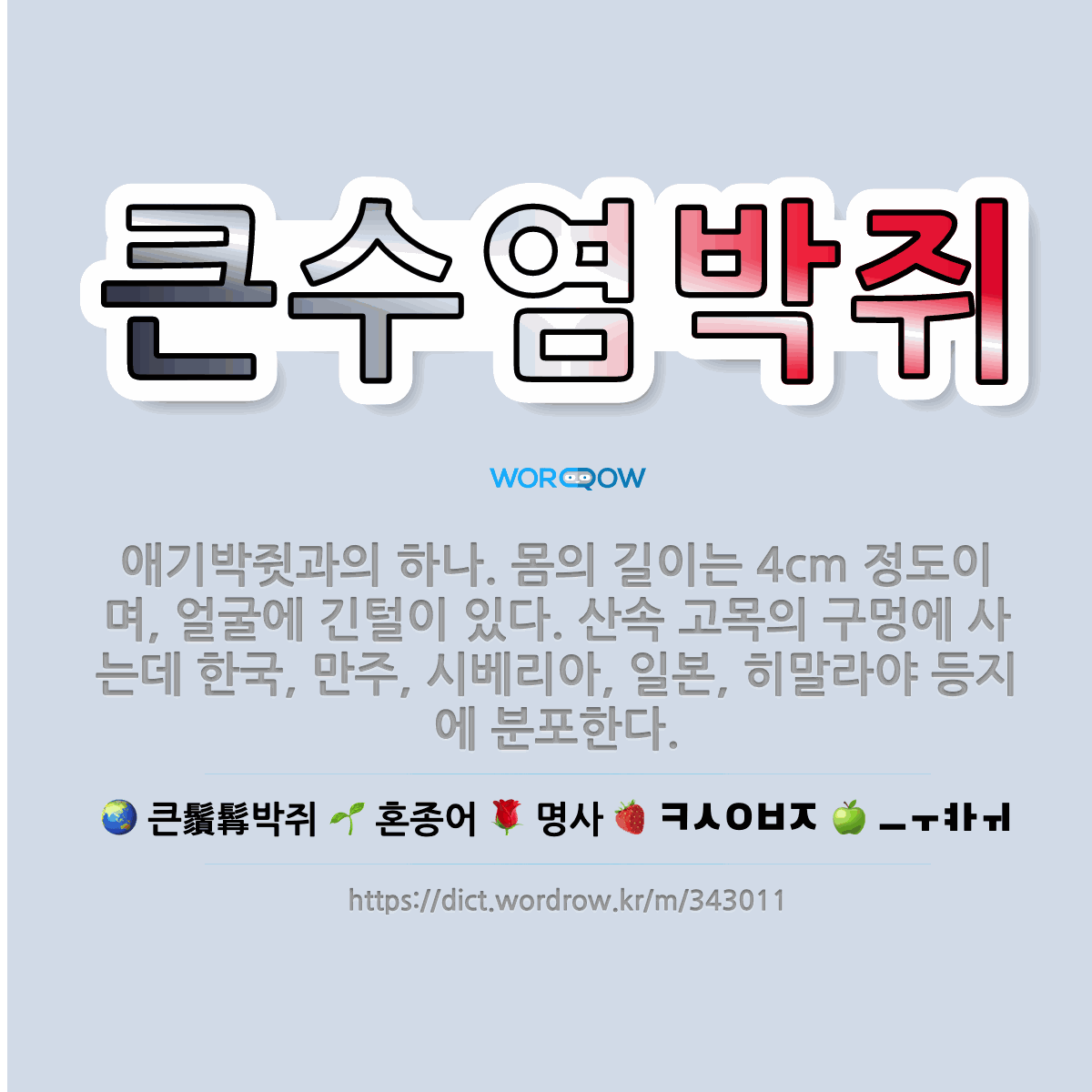 🌟큰수염박쥐: 애기박쥣과의 하나. 몸의 길이는 4cm 정도이며, 얼굴에 긴털이 있다. 산속 고목의 구멍에 ... - 표준국어대사전