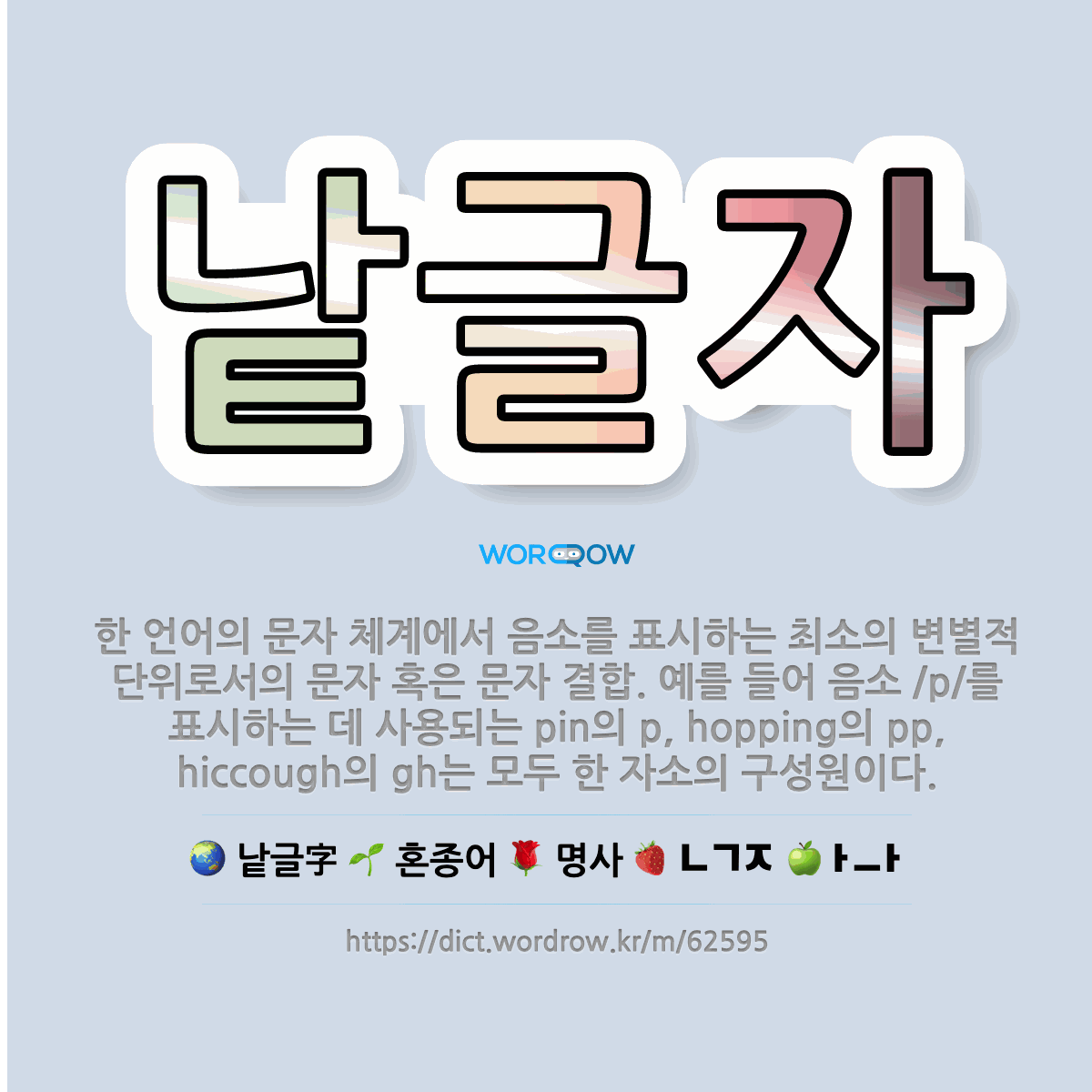 🌟낱글자 한 언어의 문자 체계에서 음소를 표시하는 최소의 변별적 단위로서의 문자 혹은 문자 결합 예를 표준국어대사전