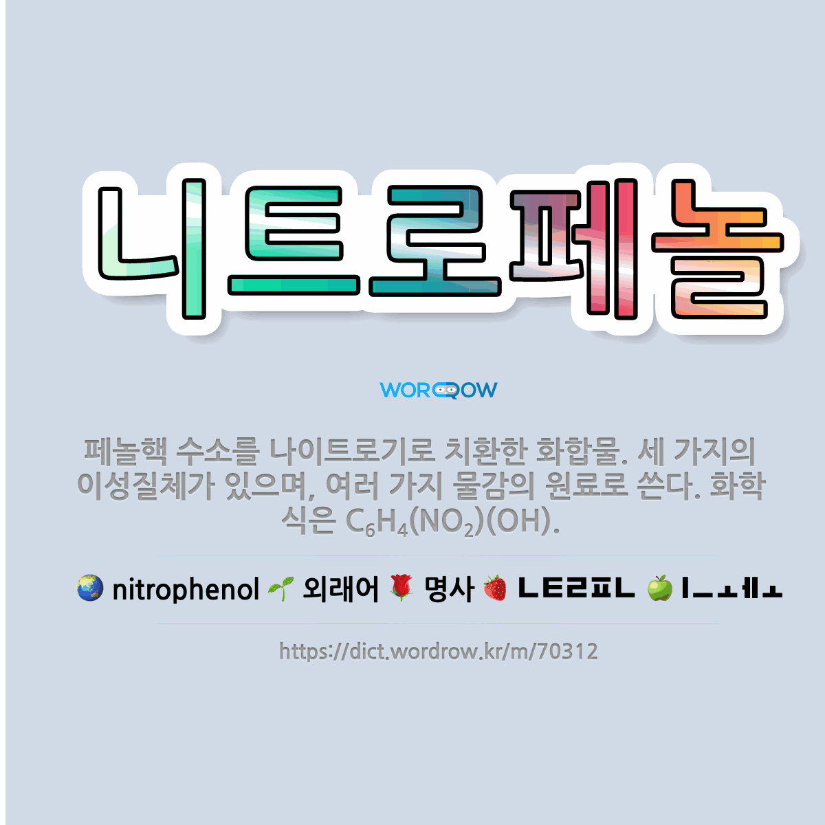 🌟니트로페놀 페놀핵 수소를 나이트로기로 치환한 화합물 세 가지의 이성질체가 있으며 여러 가지 물감의 표준국어대사전